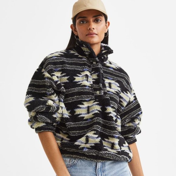 H&M | Tops | Hm Black Aztec Teddy Fleece Pullover Sweatshirt | Poshmark